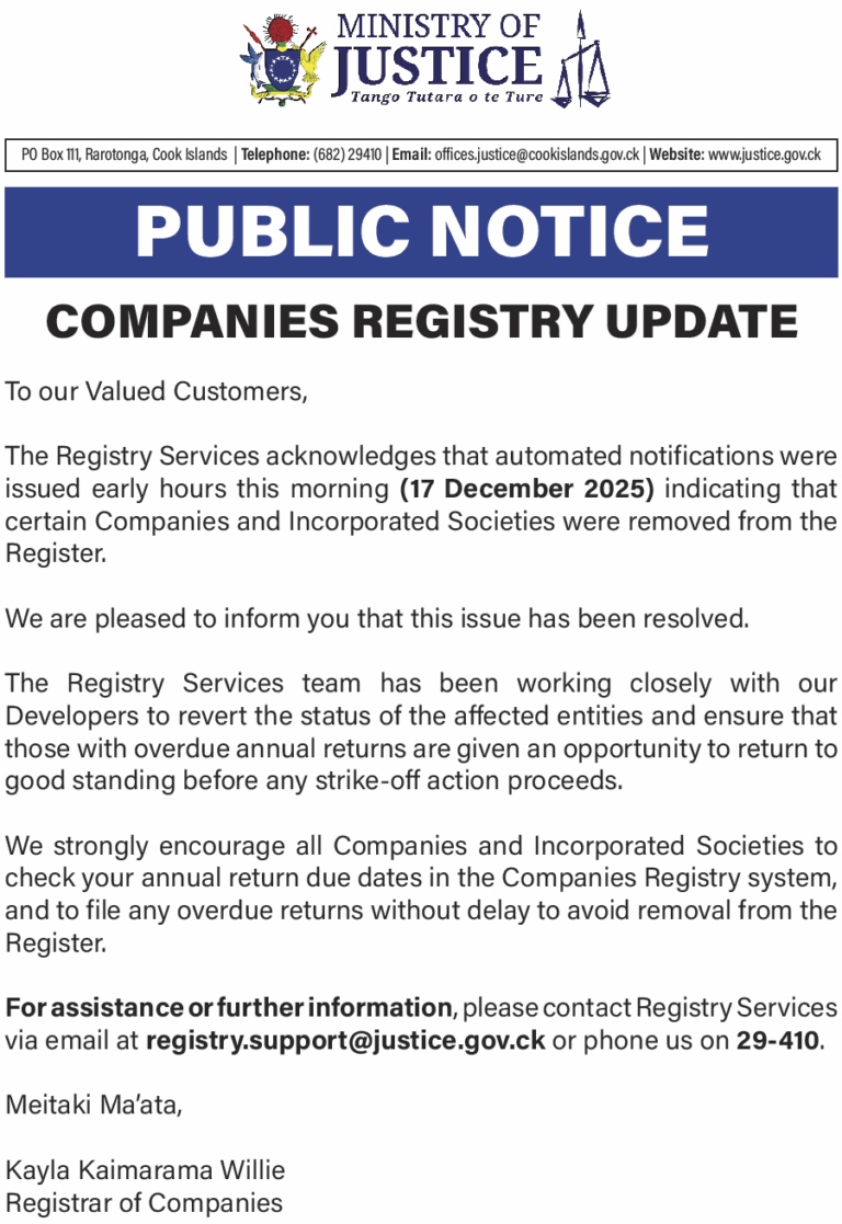 Ministry of Justice, Cook Islands – Tango Tutara o te Ture